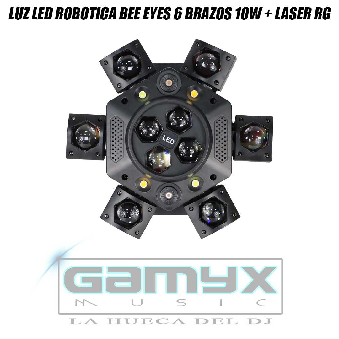 LUZ LED ROBOTICA BEE EYES 6 BRAZOS 10W + LASER RG – Gamyx Music