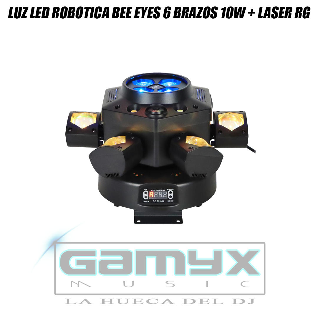 LUZ LED ROBOTICA BEE EYES 6 BRAZOS 10W + LASER RG – Gamyx Music